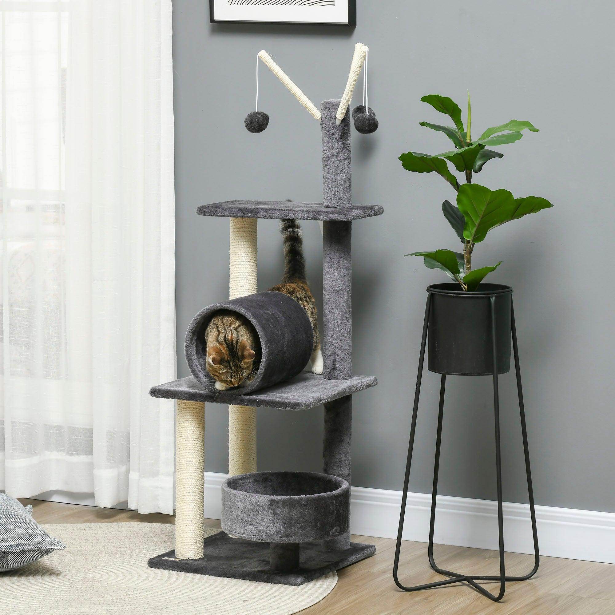 Dark Grey Cat Tree Tower with Bed, Tunnel, and Toys for Cats – ALL4U ...